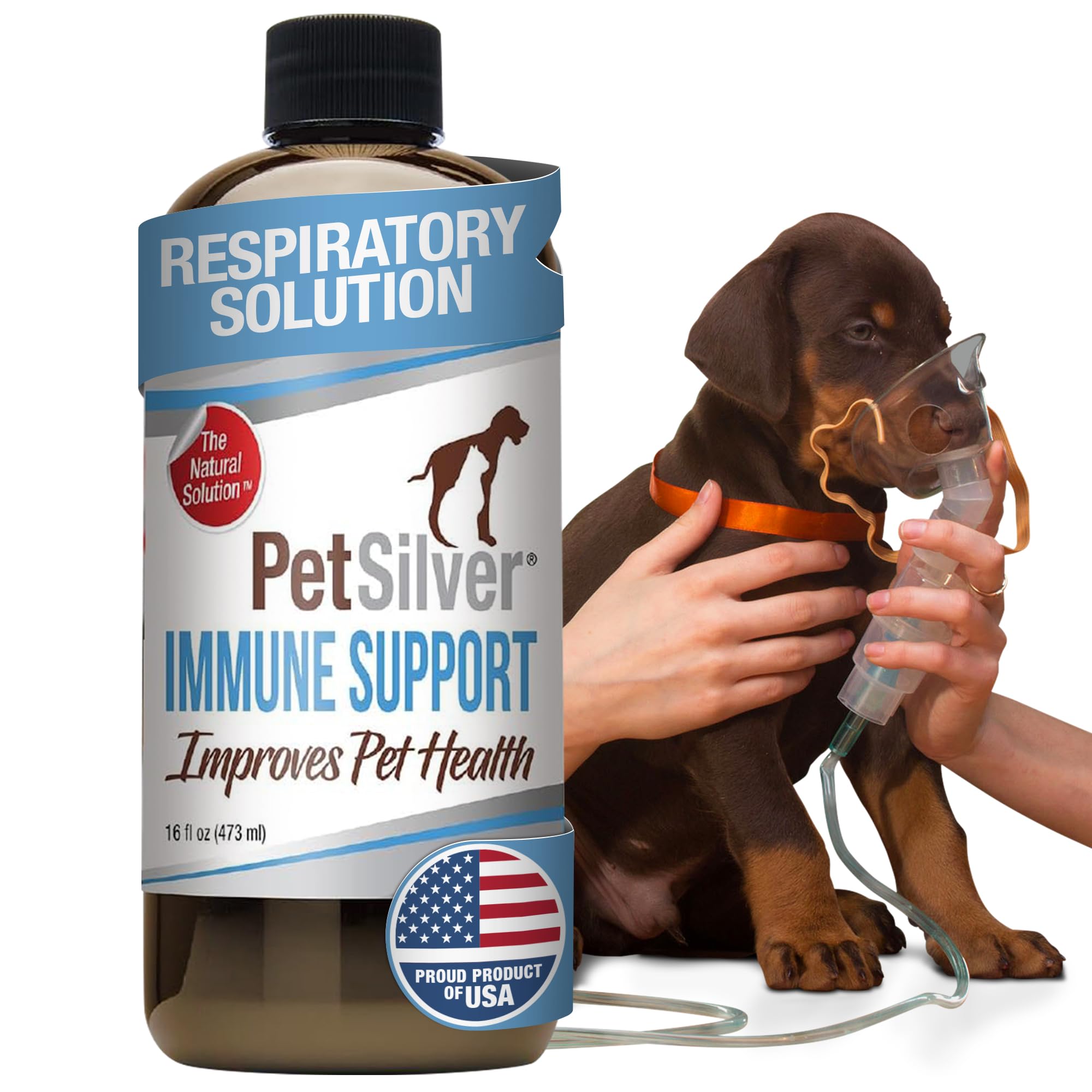 PetSilver Immune Support - Patented Chelated Silver Solution - Promotes Respiratory Health in Cats & Dogs - Allergies, Sinus & Cough Treatment - All-Natural Nebulizer Solution - Easy to Use 16 fl oz