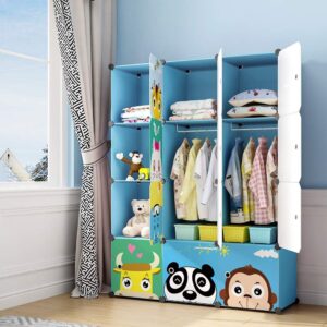 maginels kids closet,baby wardrobe closet with door,cute portable armoire dresser,clothes hanging storage rack for boy bedroom,blue,12 cube(14x14inch)