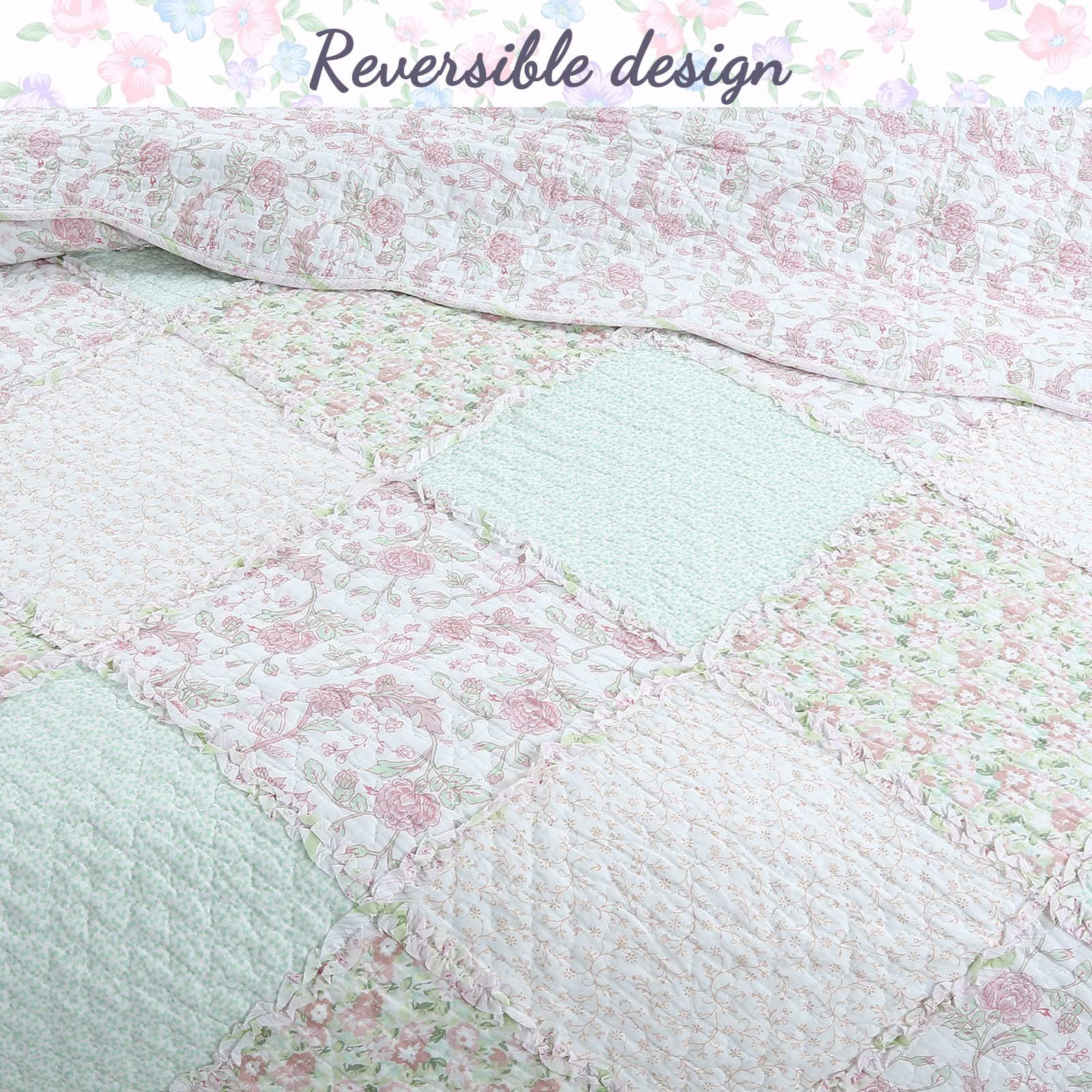 Cozy Line Home Fashions 100% Cotton Real Patchwork Floral Pink Rose Shabby Chic Girly Reversible Quilt Bedding Set, Coverlet Bedspread (La Rosa Rêve, King - 3 Piece)