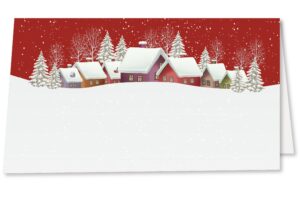 christmas place cards with vintage snowy christmas village and pine trees. pack of 50 tent style cards for holiday dinner, brunch, party, or any occasion. no holder necessary.