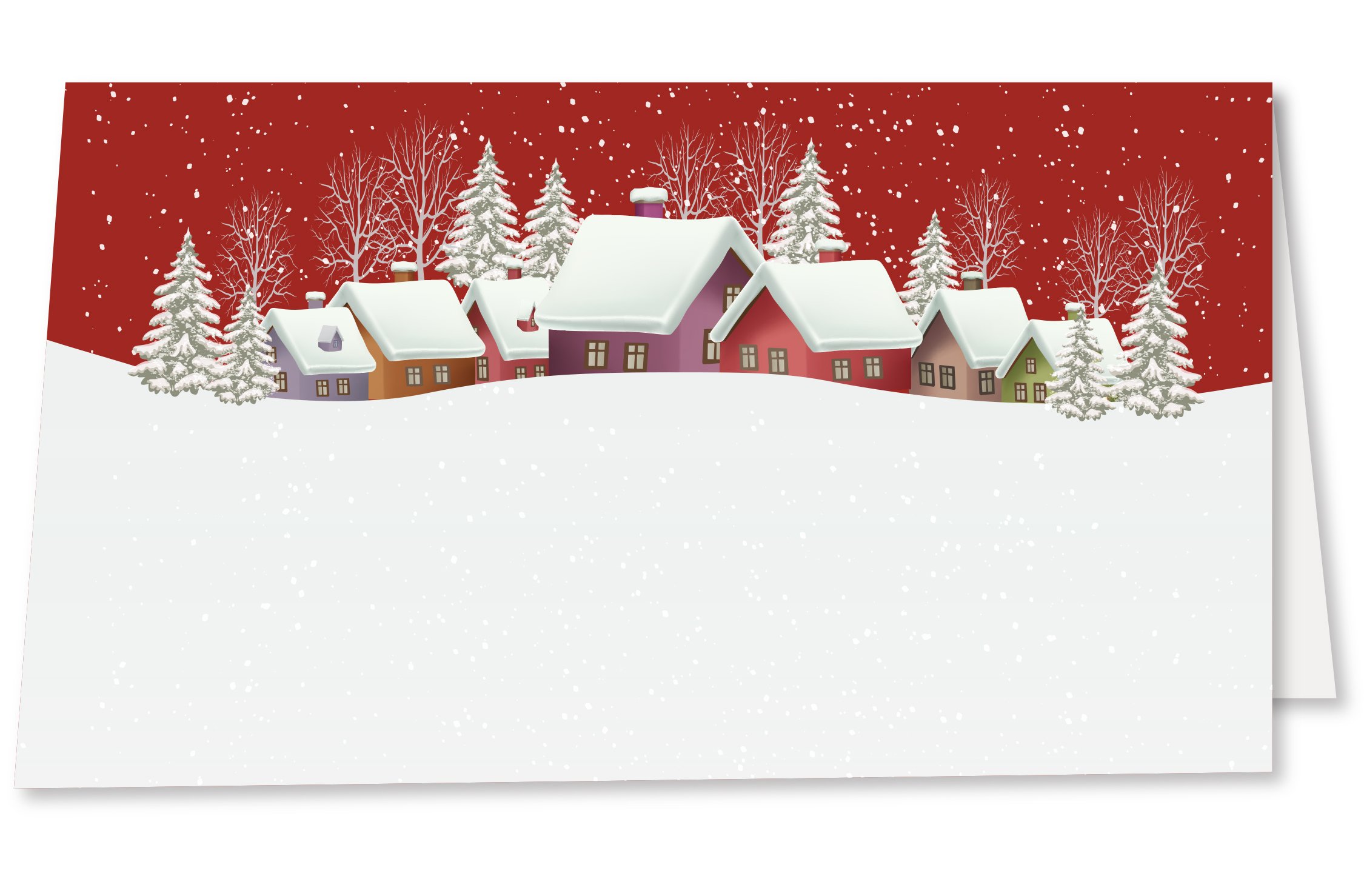 Christmas Place Cards with Vintage Snowy Christmas Village and Pine Trees. Pack of 50 Tent Style Cards for Holiday Dinner, Brunch, Party, or Any Occasion. No Holder Necessary.