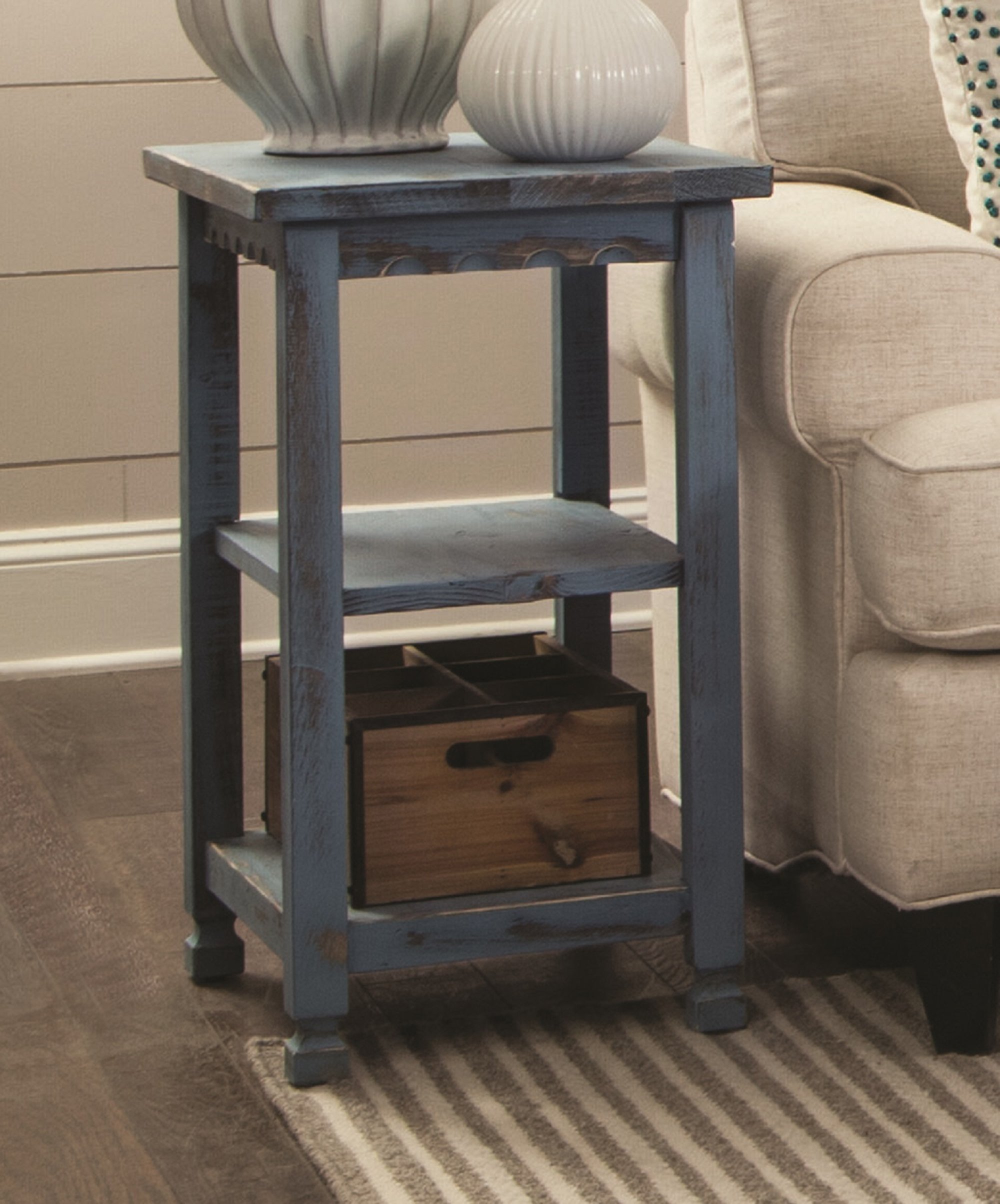 Rustic Cottage End Table with 2 Shelves - Farmhouse Style | 15D x 20W x 27H in | Select Hardwoods for Durability | Square, Turned Legs | Wipe Clean | Blue Finish | Living Room Furniture