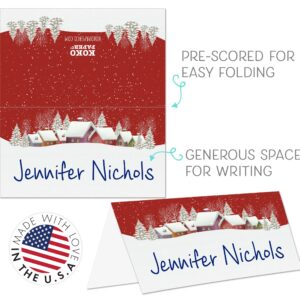 Christmas Place Cards with Vintage Snowy Christmas Village and Pine Trees. Pack of 50 Tent Style Cards for Holiday Dinner, Brunch, Party, or Any Occasion. No Holder Necessary.