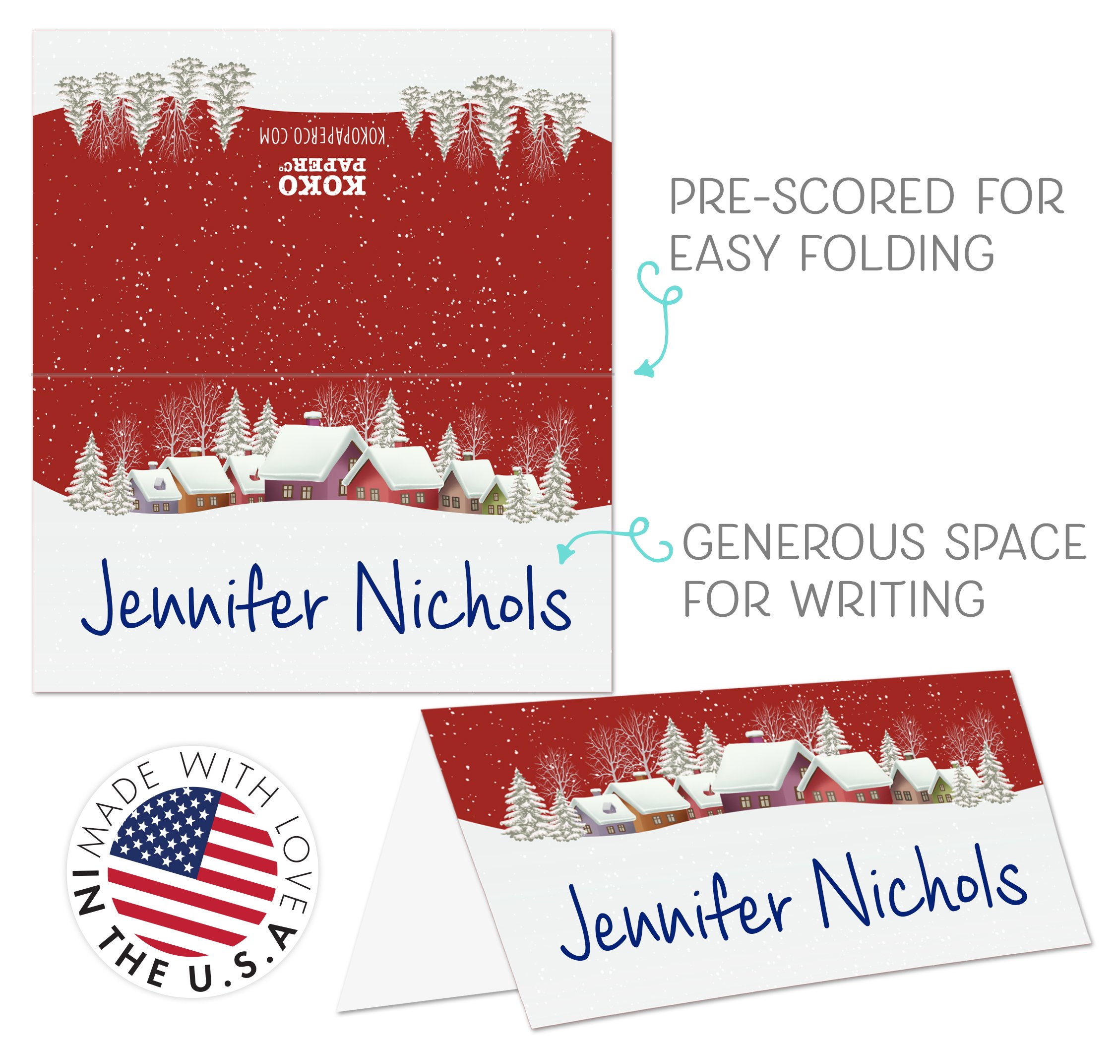 Christmas Place Cards with Vintage Snowy Christmas Village and Pine Trees. Pack of 50 Tent Style Cards for Holiday Dinner, Brunch, Party, or Any Occasion. No Holder Necessary.