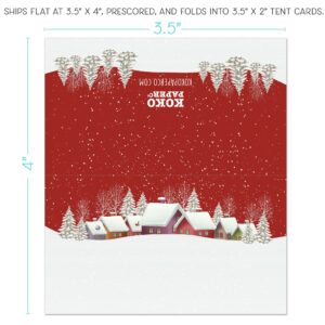 Christmas Place Cards with Vintage Snowy Christmas Village and Pine Trees. Pack of 50 Tent Style Cards for Holiday Dinner, Brunch, Party, or Any Occasion. No Holder Necessary.