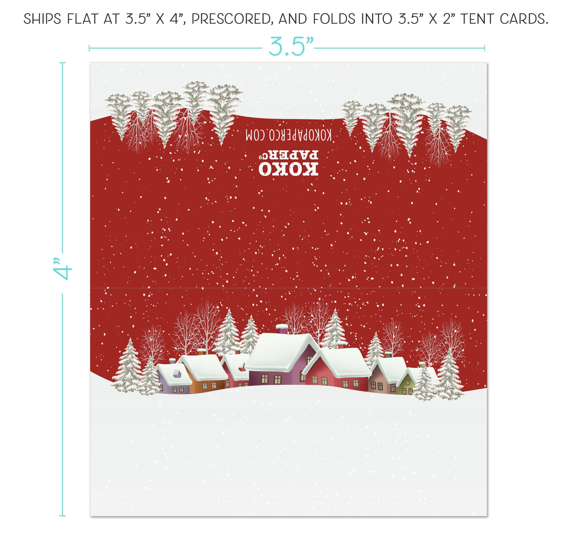 Christmas Place Cards with Vintage Snowy Christmas Village and Pine Trees. Pack of 50 Tent Style Cards for Holiday Dinner, Brunch, Party, or Any Occasion. No Holder Necessary.