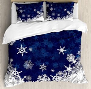 lunarable snowflake duvet cover set, winter theme christmas illustration cold weather season inspired celebration, decorative 3 piece bedding set with 2 pillow shams, queen size, indigo white