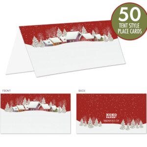 Christmas Place Cards with Vintage Snowy Christmas Village and Pine Trees. Pack of 50 Tent Style Cards for Holiday Dinner, Brunch, Party, or Any Occasion. No Holder Necessary.