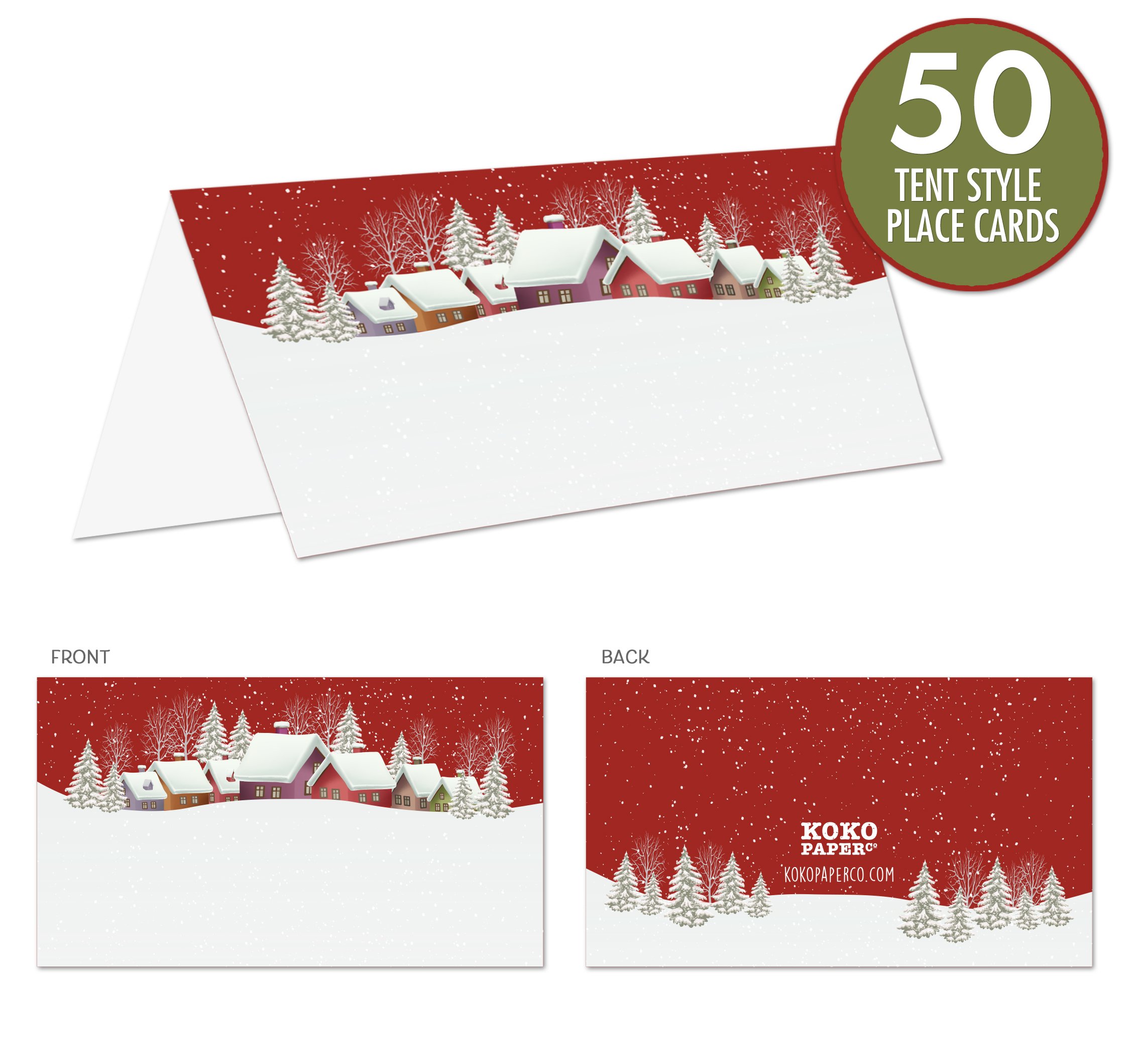 Christmas Place Cards with Vintage Snowy Christmas Village and Pine Trees. Pack of 50 Tent Style Cards for Holiday Dinner, Brunch, Party, or Any Occasion. No Holder Necessary.