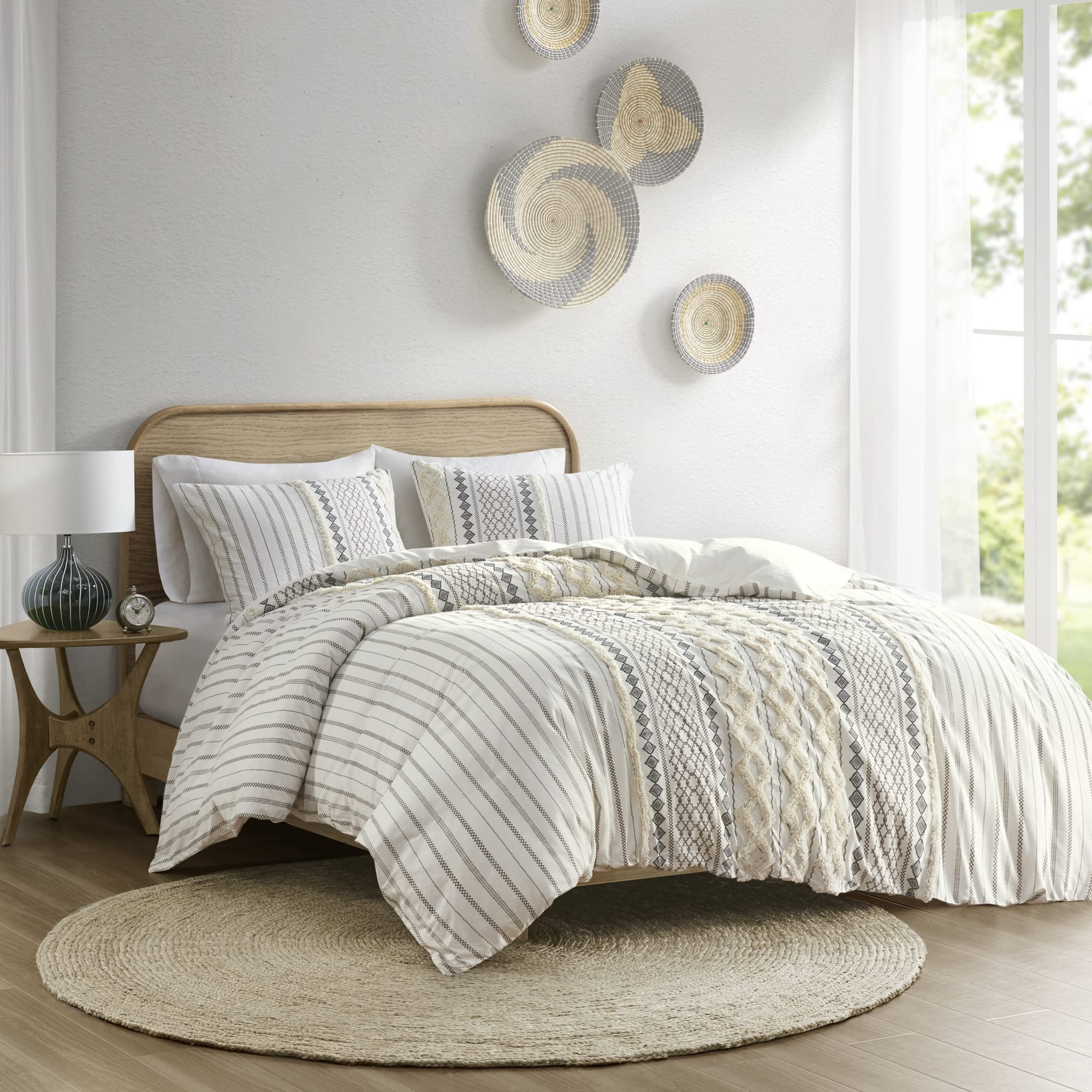 INK+IVY Imani 100% Cotton Duvet Mid Century Modern Design, All Season Comforter Cover Bedding Set, Matching Shams, King/Cal King, Ivory Chenille Tufted Accent 3 Piece