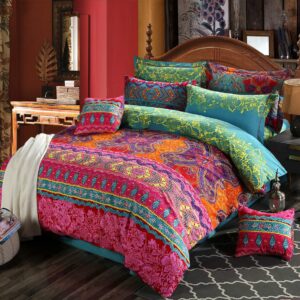 HNNSI 4 Pieces Bohemia Ethnic Bedding Sets Queen Size, Brushed Cotton Boho Duvet Cover Set with Fitted Sheet, Super Comfy Comforter Cover Sets,No Comforter(Fitted Sheet Set, Queen)