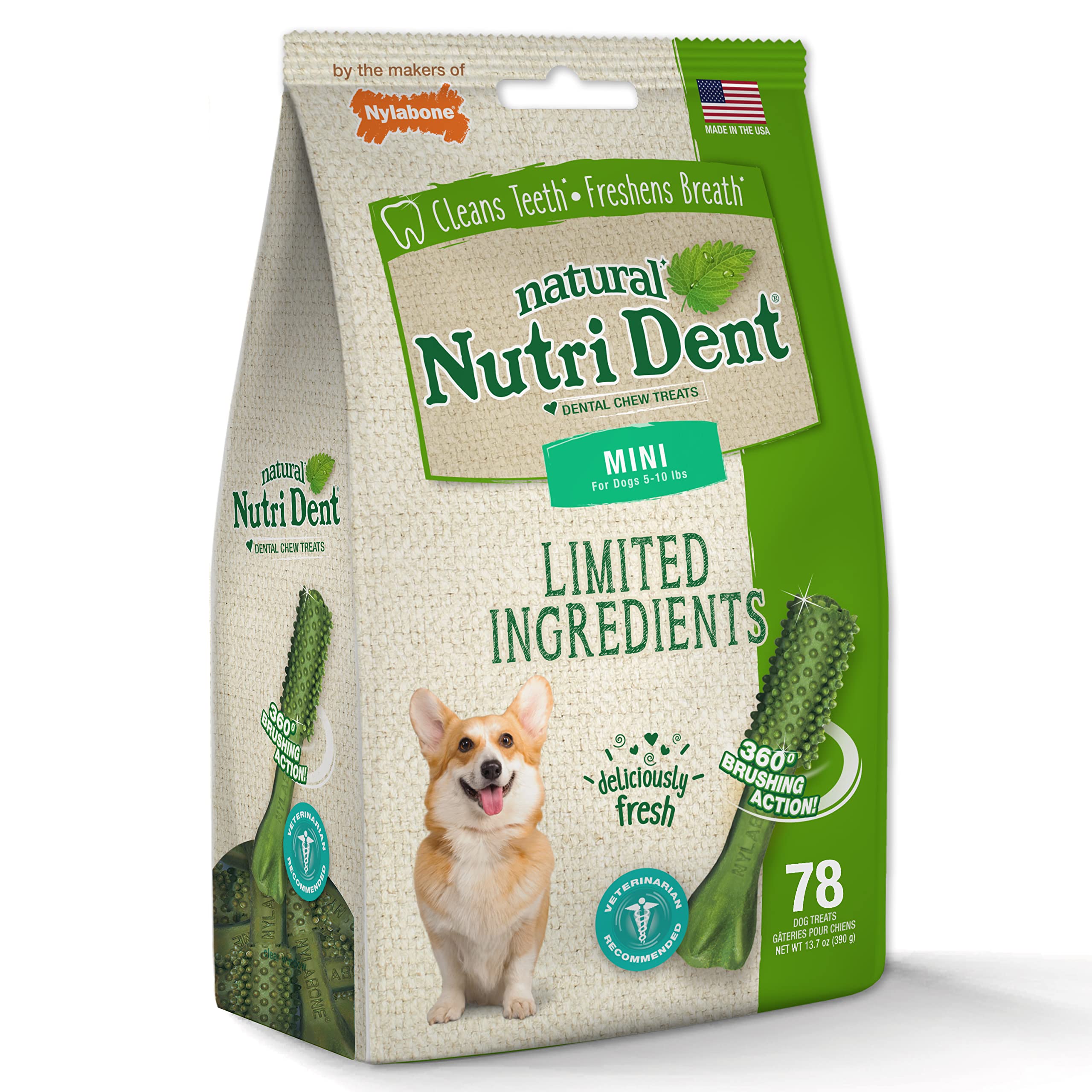 Nylabone Nutri Dent Dog Dental Treats - Natural Dog Teeth Cleaning & Breath Freshener - Dental Treats for Dogs - Fresh Breath Flavor, Mini (78 Count)