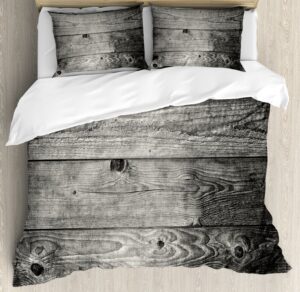 ambesonne dark grey duvet cover set, ombre style grunge wooden planks rustic timber oak wall rough texture image, decorative 3 piece bedding set with 2 pillow shams, queen size, grey black