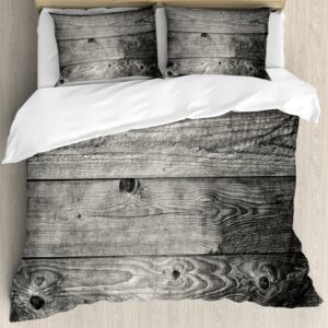 Ambesonne Dark Grey Duvet Cover Set, Ombre Style Grunge Wooden Planks Rustic Timber Oak Wall Rough Texture Image, Decorative 3 Piece Bedding Set with 2 Pillow Shams, Queen Size, Grey Black