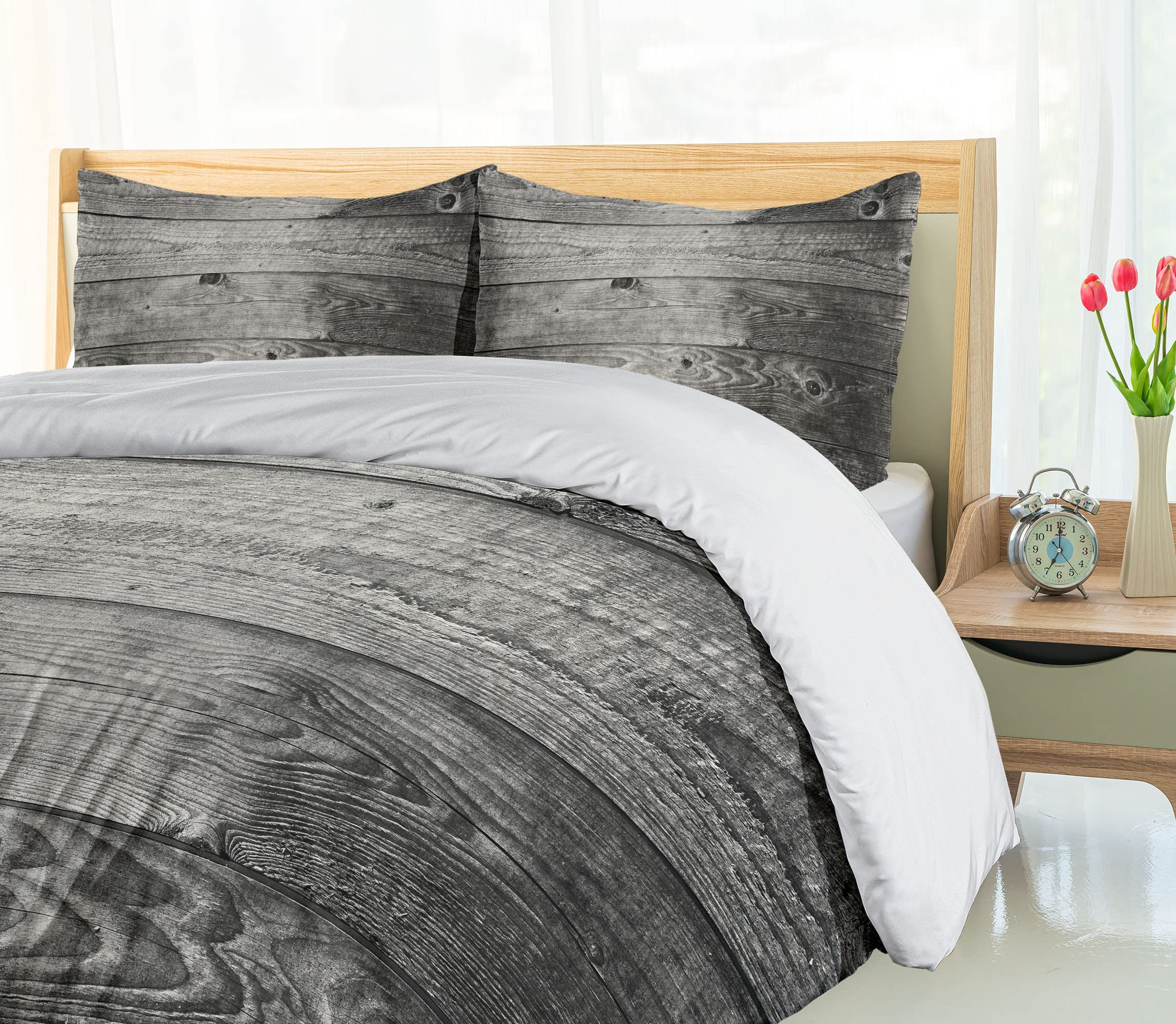 Ambesonne Dark Grey Duvet Cover Set, Ombre Style Grunge Wooden Planks Rustic Timber Oak Wall Rough Texture Image, Decorative 3 Piece Bedding Set with 2 Pillow Shams, Queen Size, Grey Black