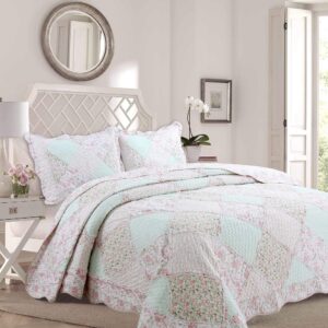 cozy line home fashions 100% cotton real patchwork floral pink rose shabby chic girly reversible quilt bedding set, coverlet bedspread (la rosa rêve, king - 3 piece)