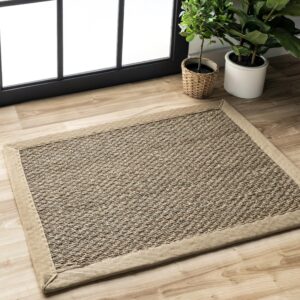 nuloom 3x5 elijah seagrass area rug, beige, solid farmhouse style, cotton bordered, basketweave, natural fiber, for bedroom, dining room, living room, hallway, office, kitchen, entryway