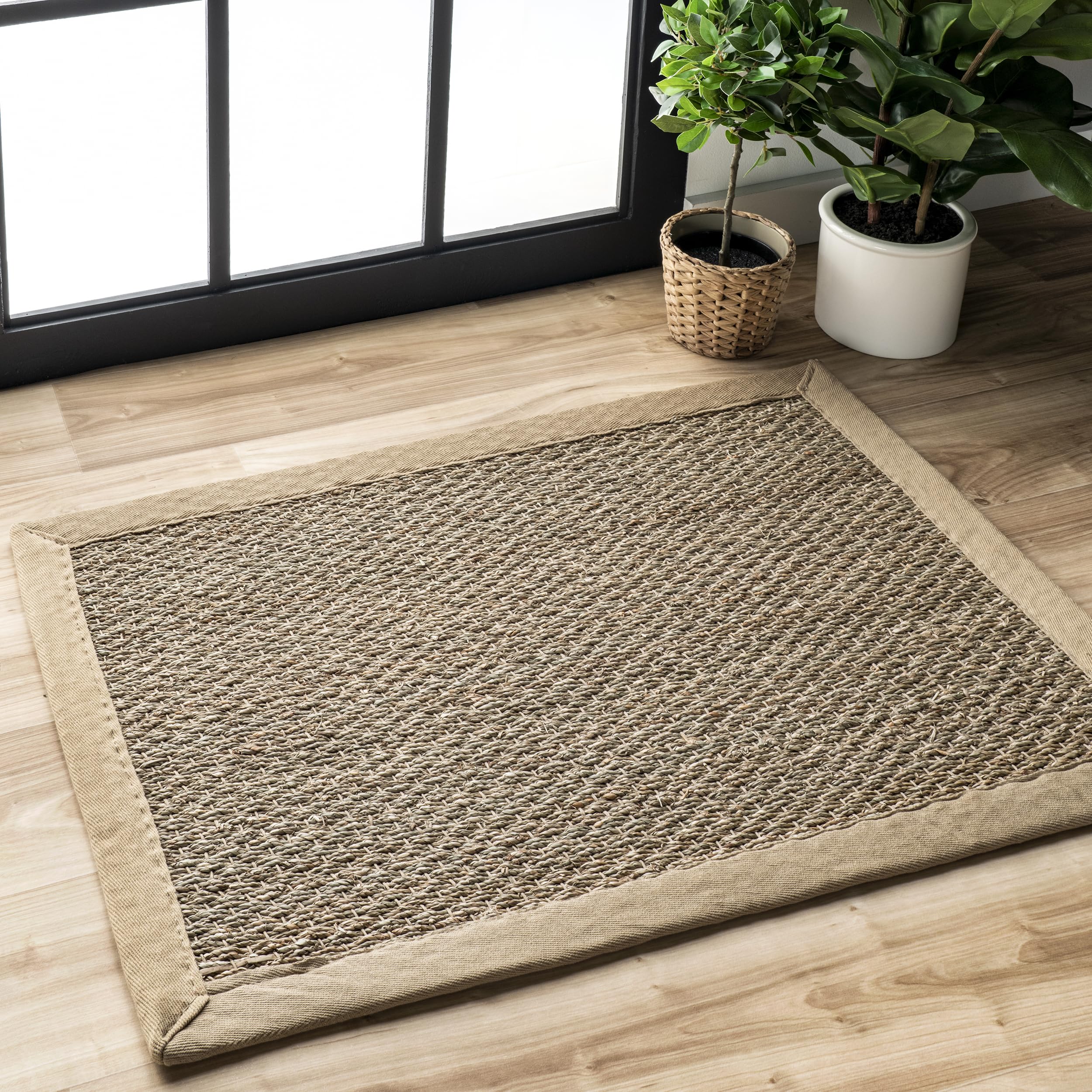 nuLOOM 3x5 Elijah Seagrass Area Rug, Beige, Solid Farmhouse Style, Cotton Bordered, Basketweave, Natural Fiber, For Bedroom, Dining Room, Living Room, Hallway, Office, Kitchen, Entryway