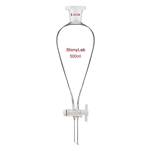 stonylab Borosilicate Glass 500 ml Heavy Wall Conical Separatory Funnel with 24/29 Joints and PTFE Stopcock, 500 ml