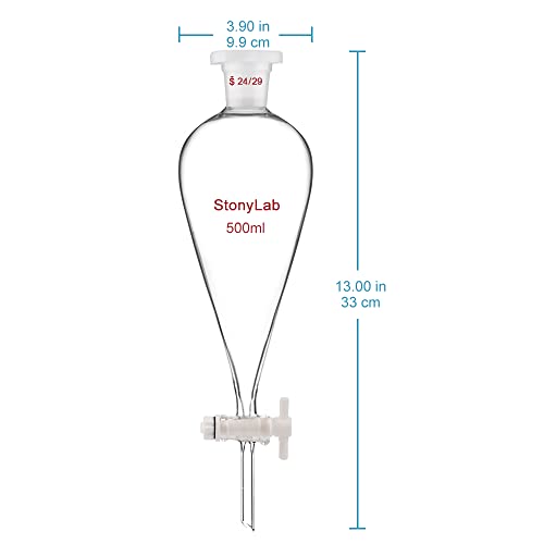 stonylab Borosilicate Glass 500 ml Heavy Wall Conical Separatory Funnel with 24/29 Joints and PTFE Stopcock, 500 ml