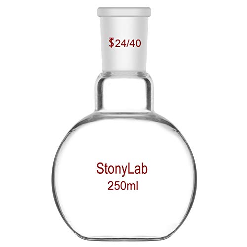 StonyLab Glass 250ml Heavy Wall Single Neck Flat Bottom Boiling Flask, with 24/40 Standard Taper Outer Joint, 250ml