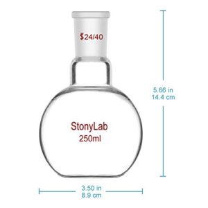 StonyLab Glass 250ml Heavy Wall Single Neck Flat Bottom Boiling Flask, with 24/40 Standard Taper Outer Joint, 250ml