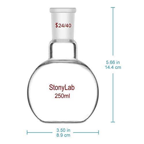 StonyLab Glass 250ml Heavy Wall Single Neck Flat Bottom Boiling Flask, with 24/40 Standard Taper Outer Joint, 250ml