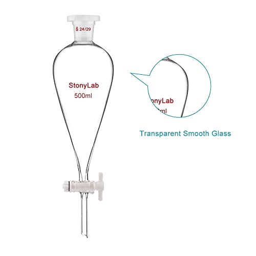 stonylab Borosilicate Glass 500 ml Heavy Wall Conical Separatory Funnel with 24/29 Joints and PTFE Stopcock, 500 ml