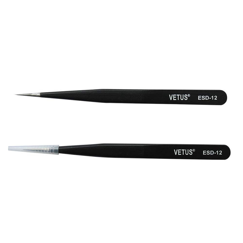 Vetus Anti-static SMD Black Tweezer Non-magnetic Stainless Steel Pointed Tip ESD-12