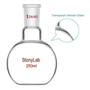 StonyLab Glass 250ml Heavy Wall Single Neck Flat Bottom Boiling Flask, with 24/40 Standard Taper Outer Joint, 250ml