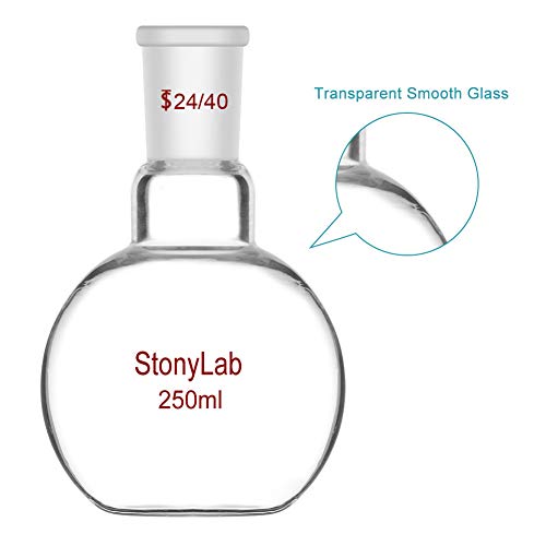 StonyLab Glass 250ml Heavy Wall Single Neck Flat Bottom Boiling Flask, with 24/40 Standard Taper Outer Joint, 250ml