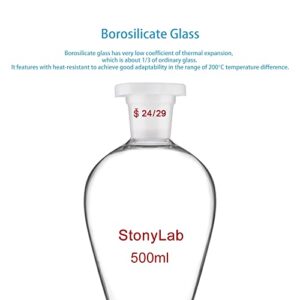 stonylab Borosilicate Glass 500 ml Heavy Wall Conical Separatory Funnel with 24/29 Joints and PTFE Stopcock, 500 ml