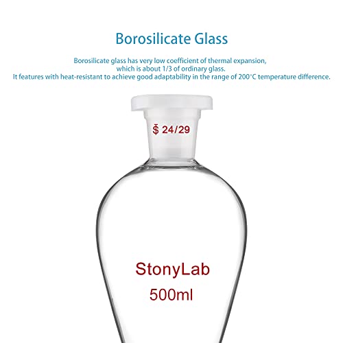 stonylab Borosilicate Glass 500 ml Heavy Wall Conical Separatory Funnel with 24/29 Joints and PTFE Stopcock, 500 ml