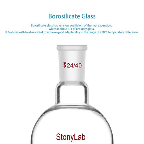 StonyLab Glass 250ml Heavy Wall Single Neck Flat Bottom Boiling Flask, with 24/40 Standard Taper Outer Joint, 250ml