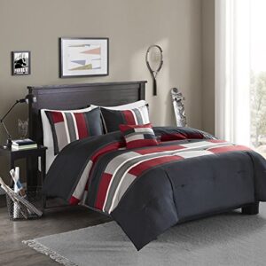 comfort spaces casual comforter set sporty design, vibrant color, active lifestyle boys bedroom décor, all season soft microfiber bedding set, decorative pillow, sham black/red queen 4 piece