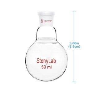 StonyLab Glass 50mL Heavy Wall Single Neck 1 Neck Round Bottom Flask RBF, with 19/22 Standard Taper Outer Joint - 50mL