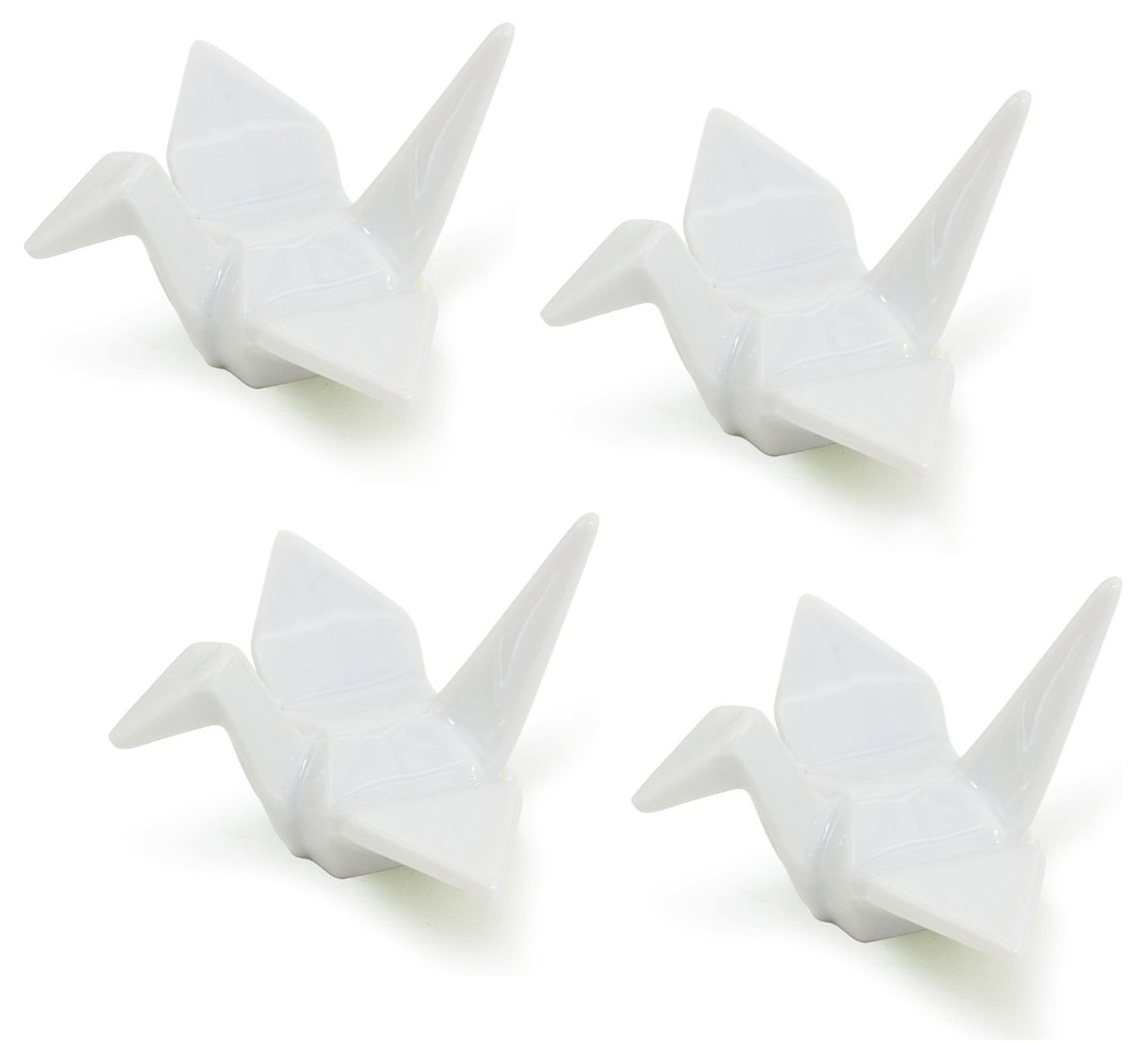 Happy Sales HSCRCRN4, Set of 4 White Porcelain Crane Rests Chopstick Rest Set