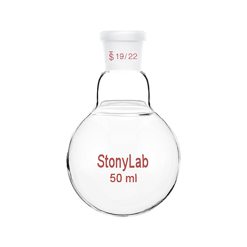 StonyLab Glass 50mL Heavy Wall Single Neck 1 Neck Round Bottom Flask RBF, with 19/22 Standard Taper Outer Joint - 50mL