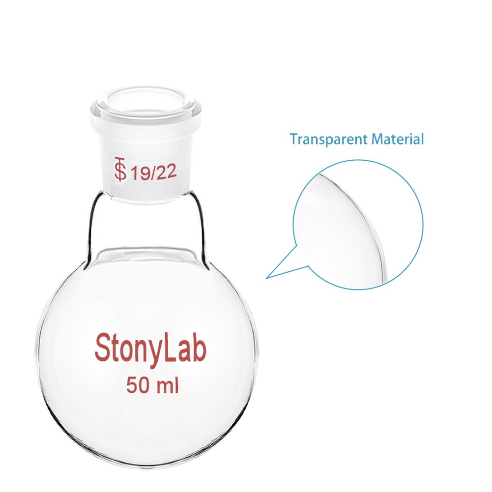 StonyLab Glass 50mL Heavy Wall Single Neck 1 Neck Round Bottom Flask RBF, with 19/22 Standard Taper Outer Joint - 50mL