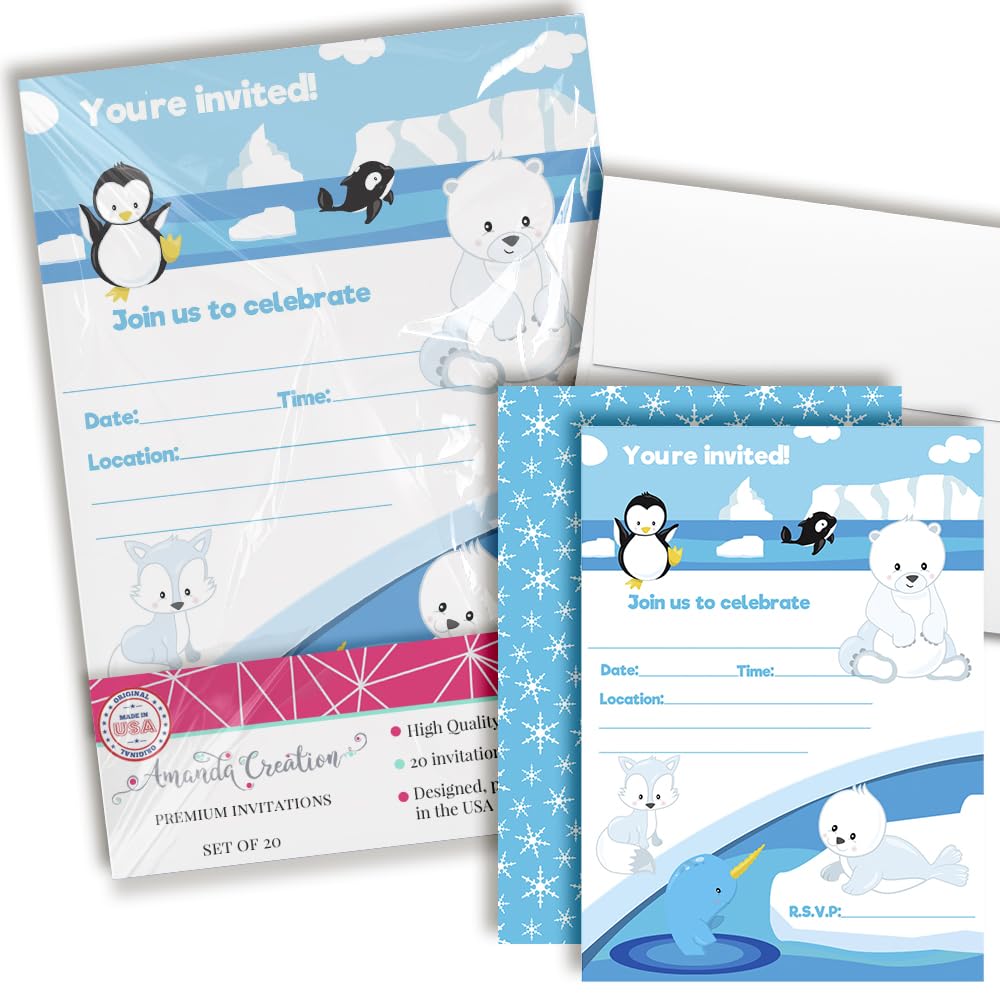 Arctic Friends Winter Birthday Party Invitations with Penguin, Narwhal, Whale, Polar Bear and Seal. 20 5x7 Fill In Cards with Twenty White Envelopes by AmandaCreation