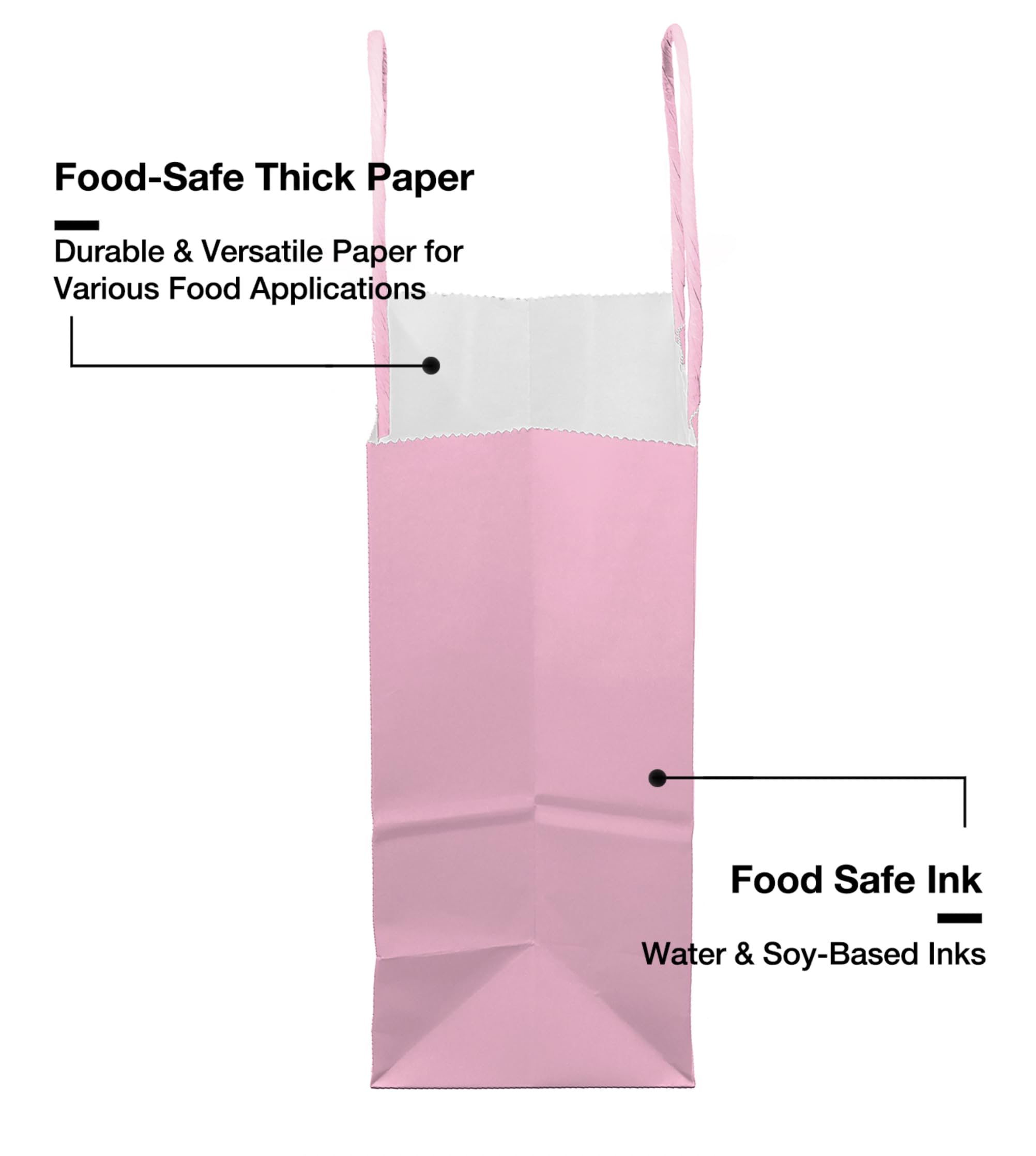 12 Counts Food Safe Premium Paper and Ink Medium 10" X 8", Vivid Colored Kraft Bag With Colored Sturdy Handle, Perfect For Goodie Favor DIY Bag, Environmentally Safe (Medium, Light Pink)