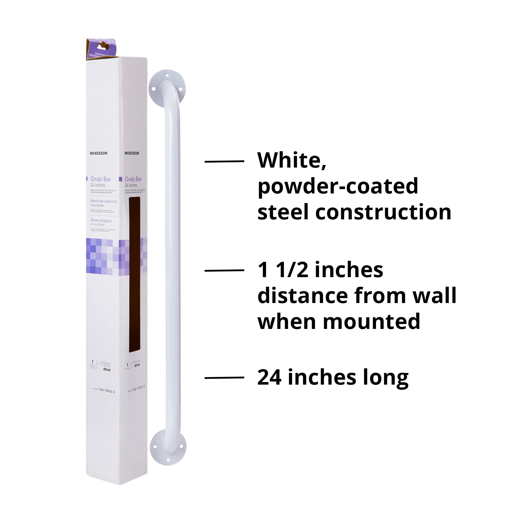 McKesson Grab Bar, Wall Mount, Steel, Bathroom, Shower Aid, White Power Coated, 24 in, 1 Count