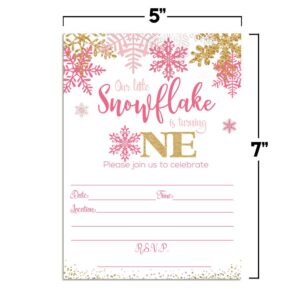 Winter Snowflake First Birthday Party Invitations in Pink & Gold, 20 5x7 Fill In Cards with Twenty White Envelopes by AmandaCreation