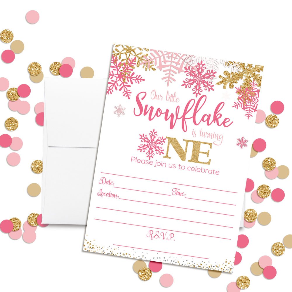 Winter Snowflake First Birthday Party Invitations in Pink & Gold, 20 5x7 Fill In Cards with Twenty White Envelopes by AmandaCreation