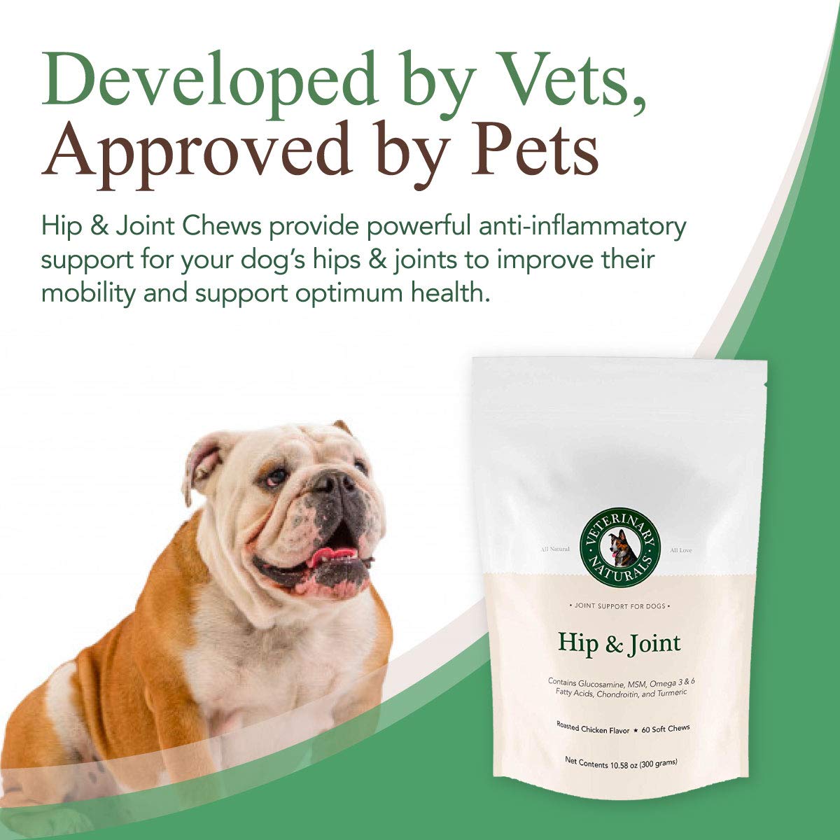 Veterinary Naturals Hip & Joint Supplement for Dogs - 60 Soft Dog Chews for Hip & Joint Support - Dog Vitamins and Supplements with Glucosamine for Dogs & MSM - Grain-Free, Roasted Chicken Flavor