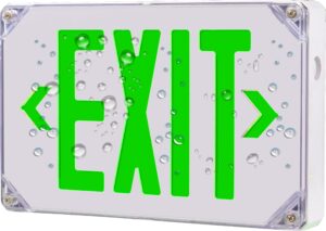 ciata green led emergency exit sign for fire escapes, doors, and hallways, indoor and outdoor safety, waterproof wet rated, battery backup, universal wall or ceiling mount