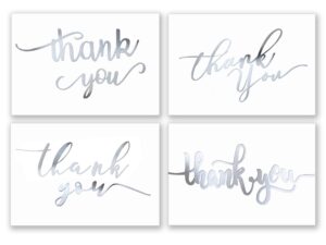 100 thank you cards in white with envelopes & stickers - elegant 4 designs bulk notes embossed with silver foil letters for wedding, formal, business, graduation, 4x6 inch thick card stock