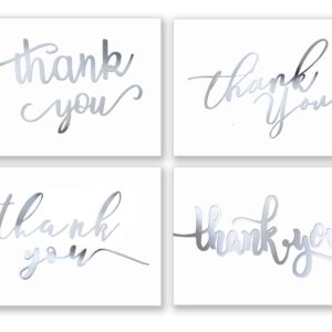 100 Thank You Cards in White with Envelopes & Stickers - Elegant 4 Designs Bulk Notes Embossed with Silver Foil Letters for Wedding, Formal, Business, Graduation, 4x6 Inch Thick Card Stock