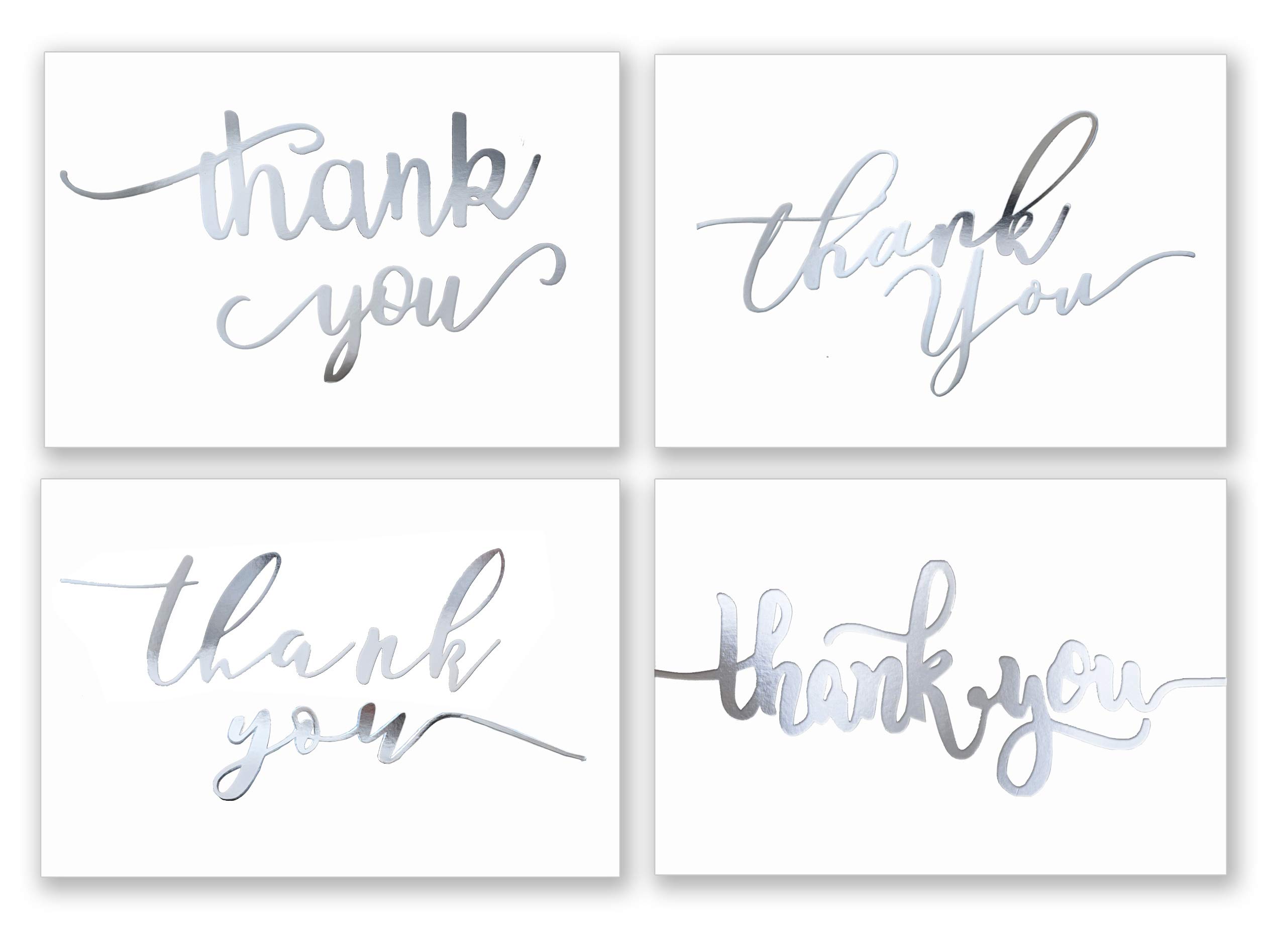 100 Thank You Cards in White with Envelopes & Stickers - Elegant 4 Designs Bulk Notes Embossed with Silver Foil Letters for Wedding, Formal, Business, Graduation, 4x6 Inch Thick Card Stock