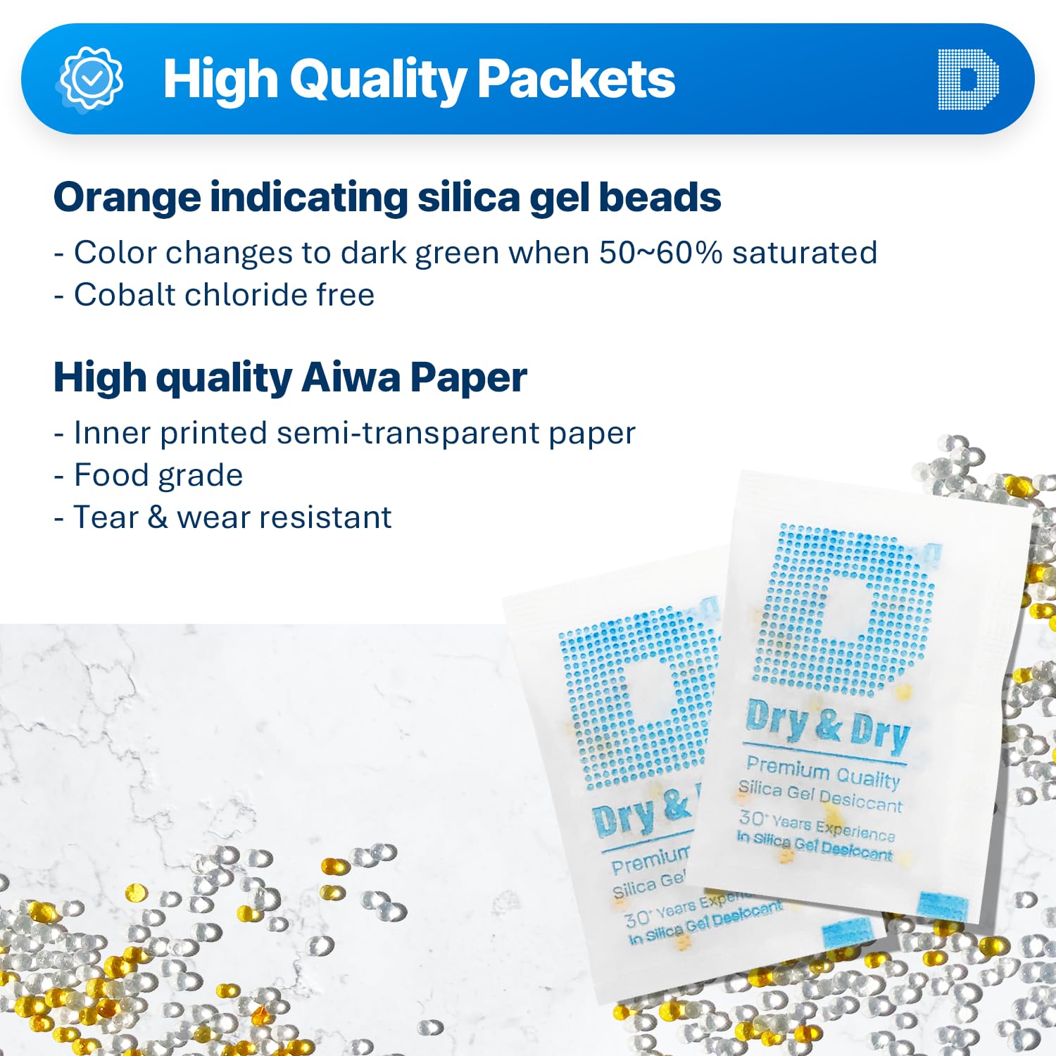 Dry & Dry 5 Gram [60 Packets] Premium Orange Indicating Silica Gel Packets Desiccants - Food Safe Silica Packets Silica Gel Silica Gel Packets